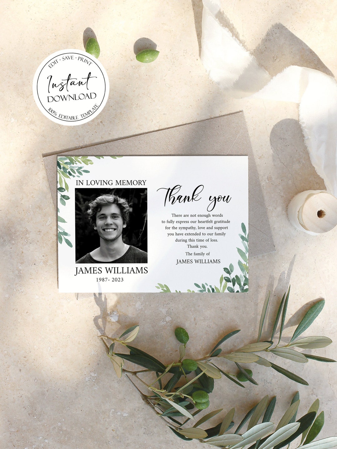Greenery Funeral Thank You Card, Celebration of Life Funeral Photo ...