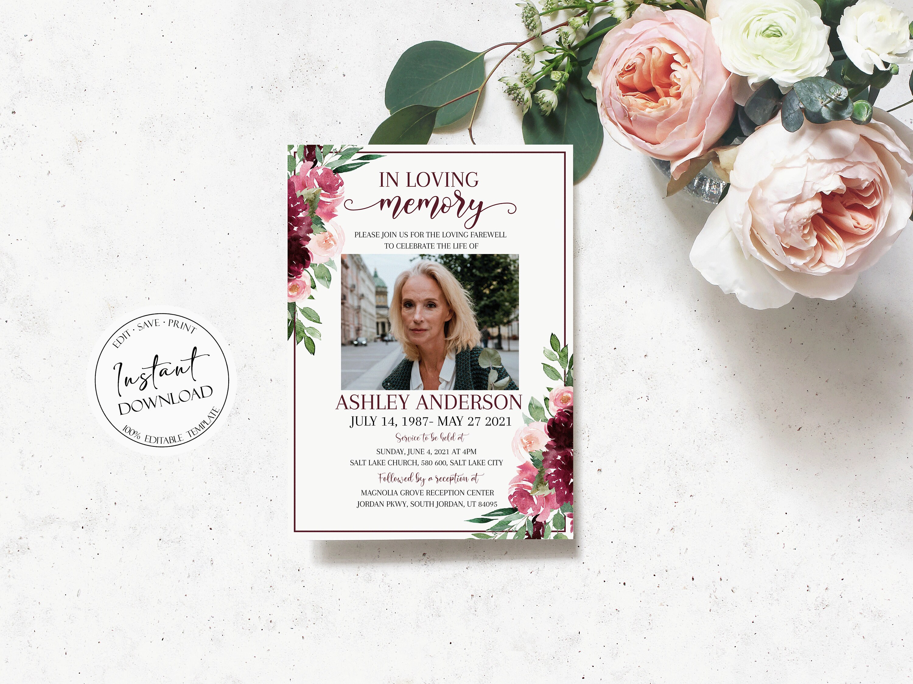Celebration of Life Invitation, Burgundy Funeral Invitation Template ...