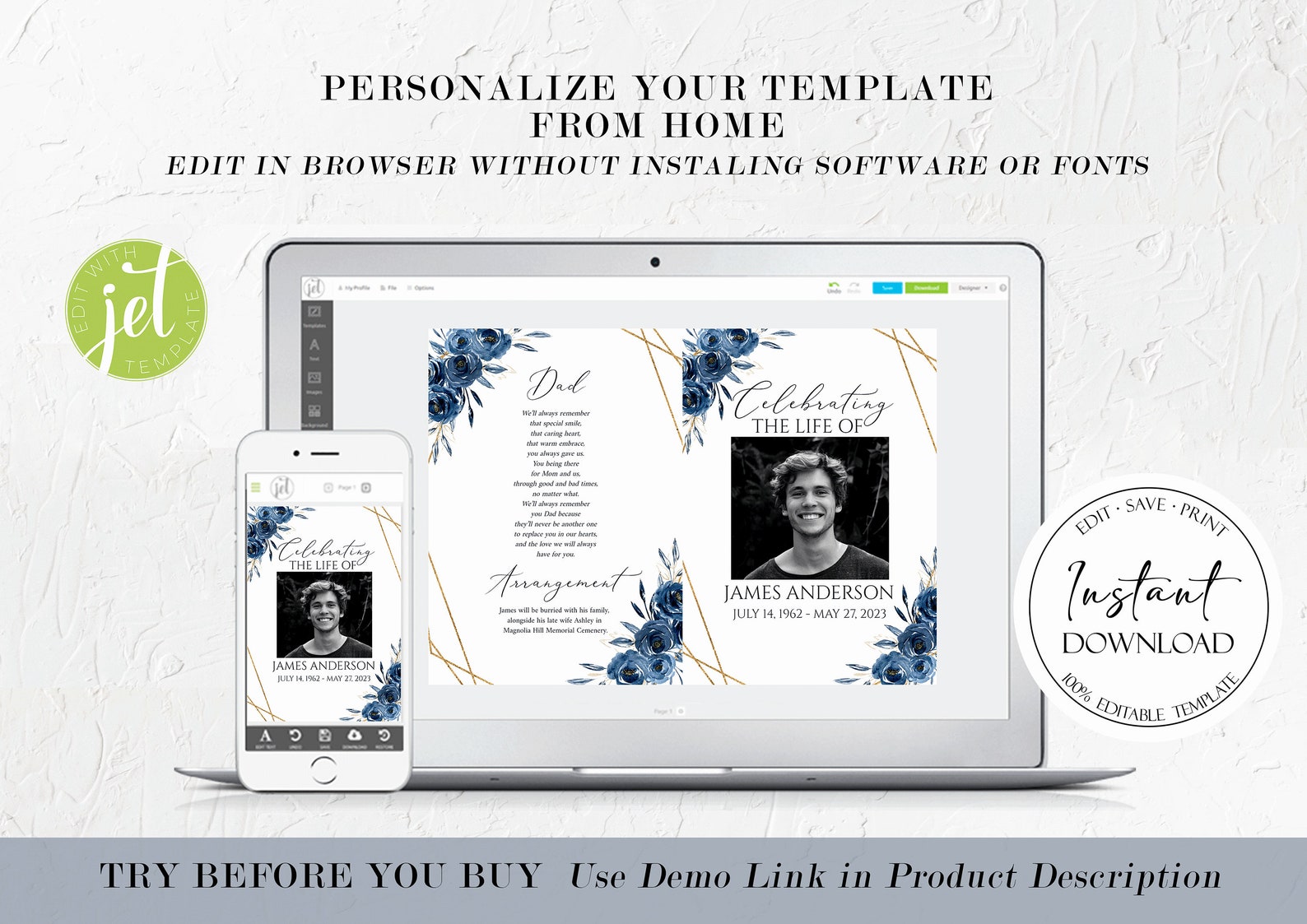 Royal Blue Funeral Program Template, Blue Funeral Brochure, Blue ...