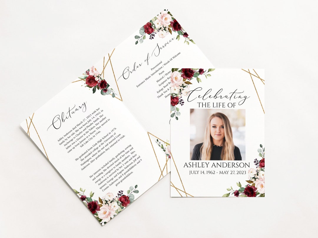 11x17 Red Roses Funeral Program Template, Celebration of Life Memorial ...