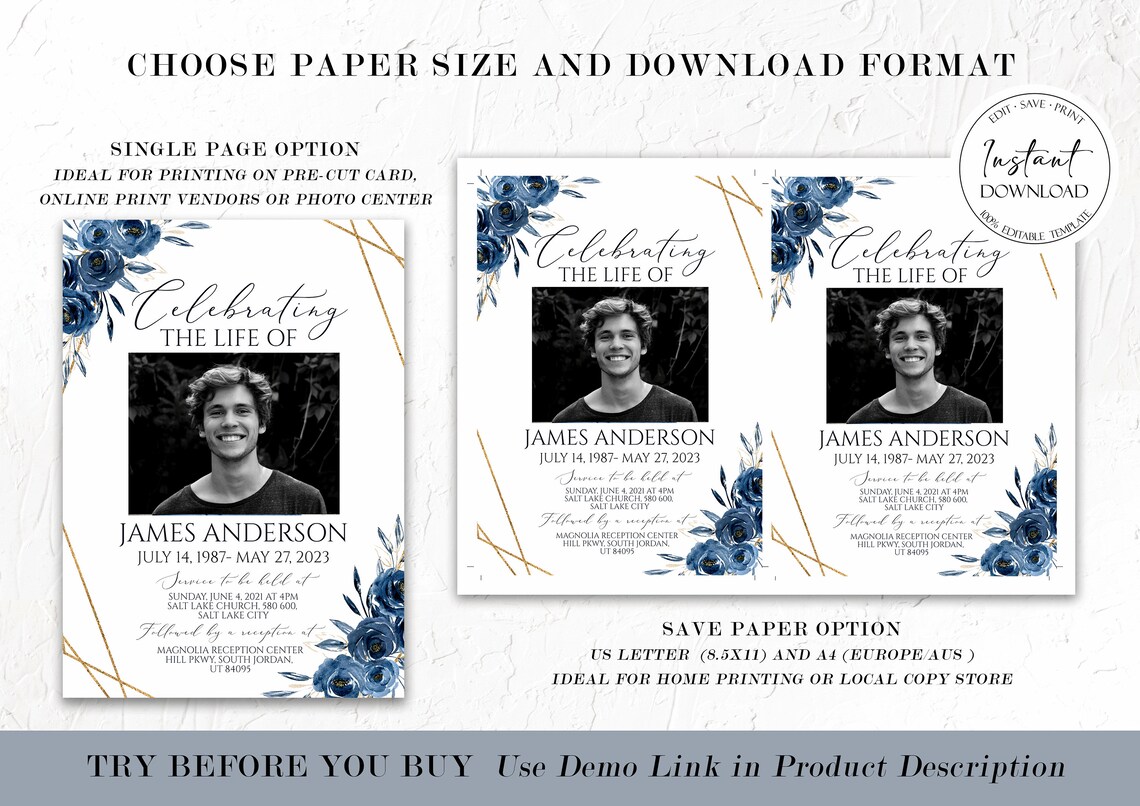 Editable Blue Funeral Bundle, Memorial Package, Celebration of Life ...
