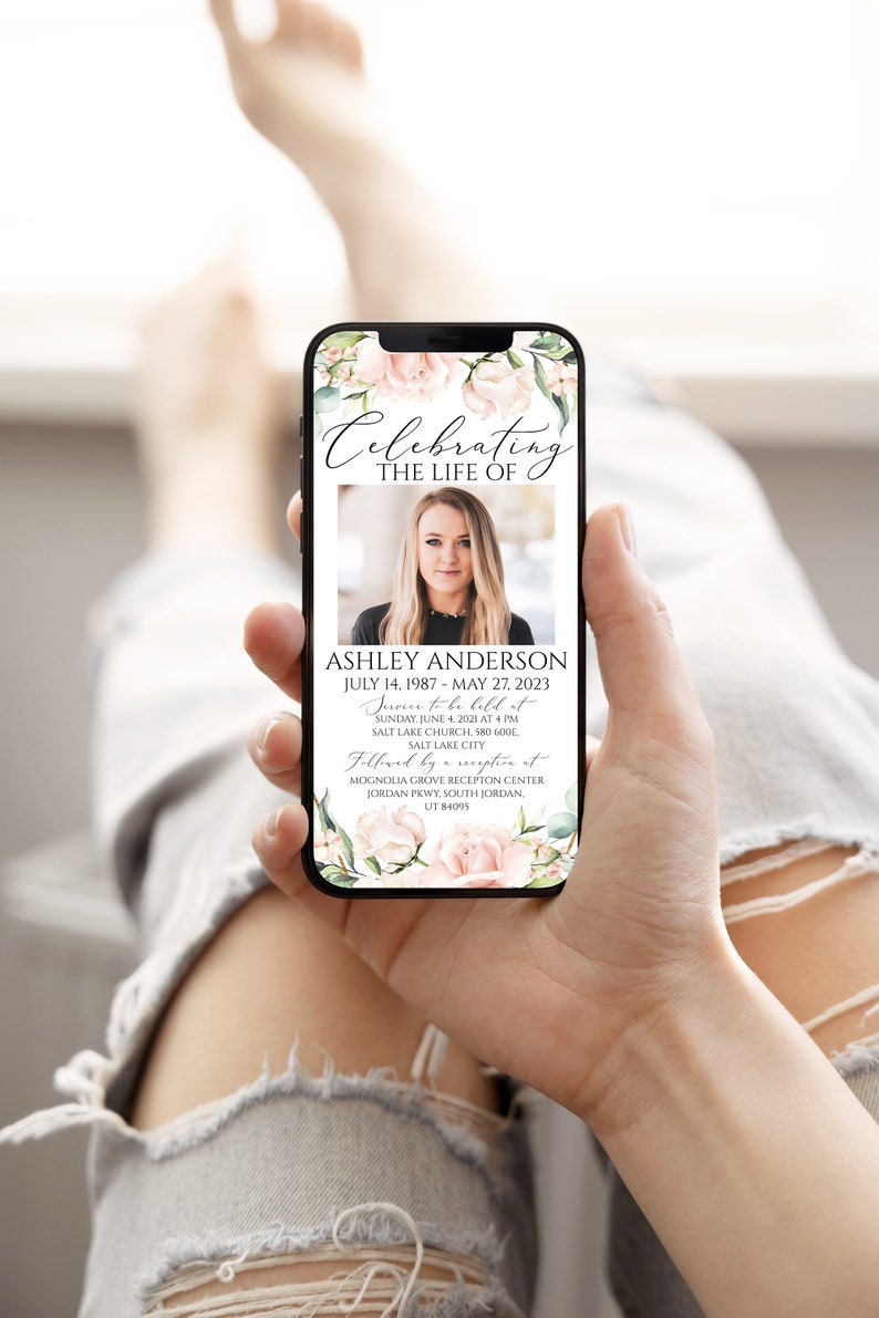 Digital Funeral Invitation, Blush Funeral Announcement, Memorial Evite ...