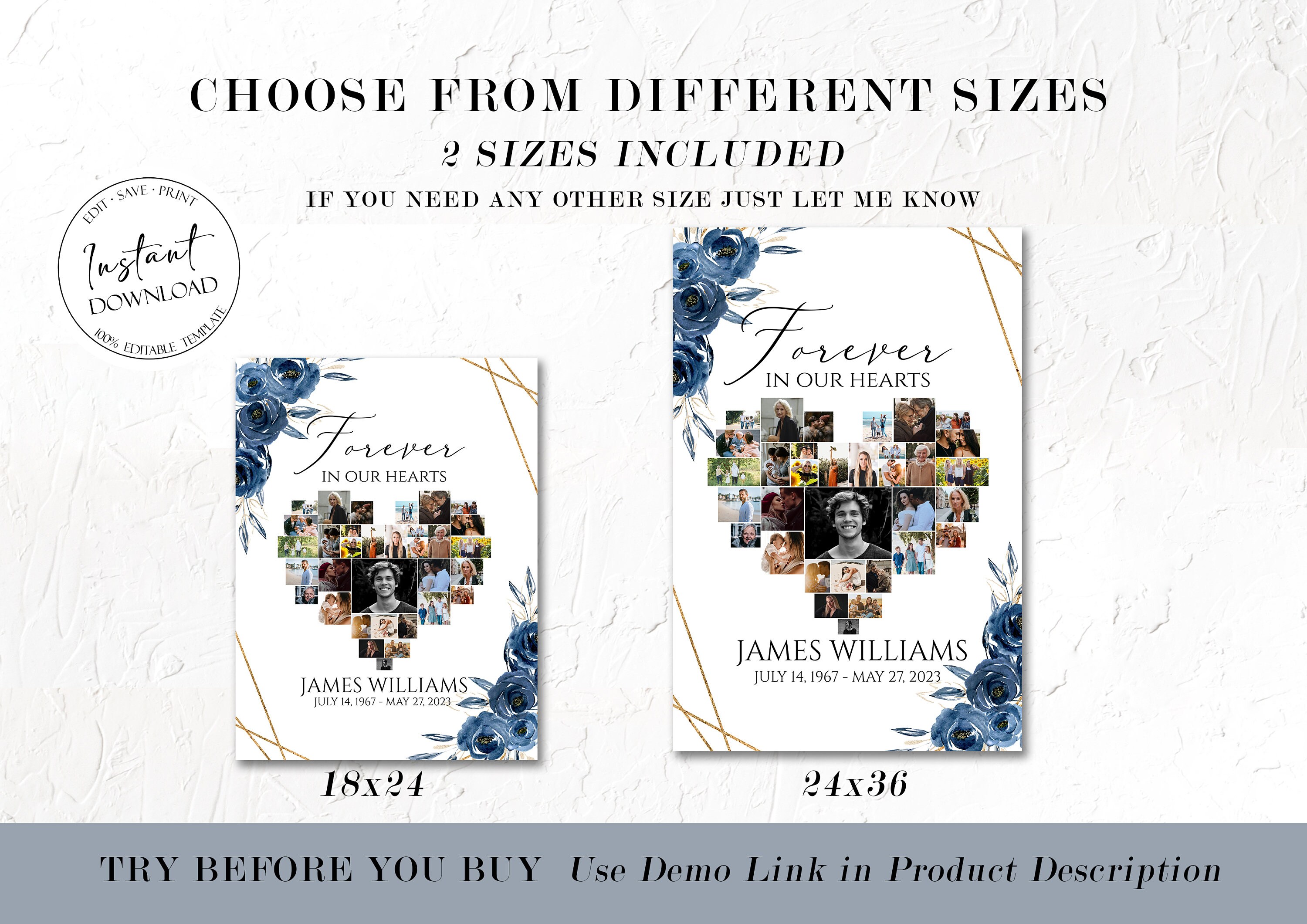 Celebration of Life Funeral Poster Royal Blue Floral Heart - Etsy