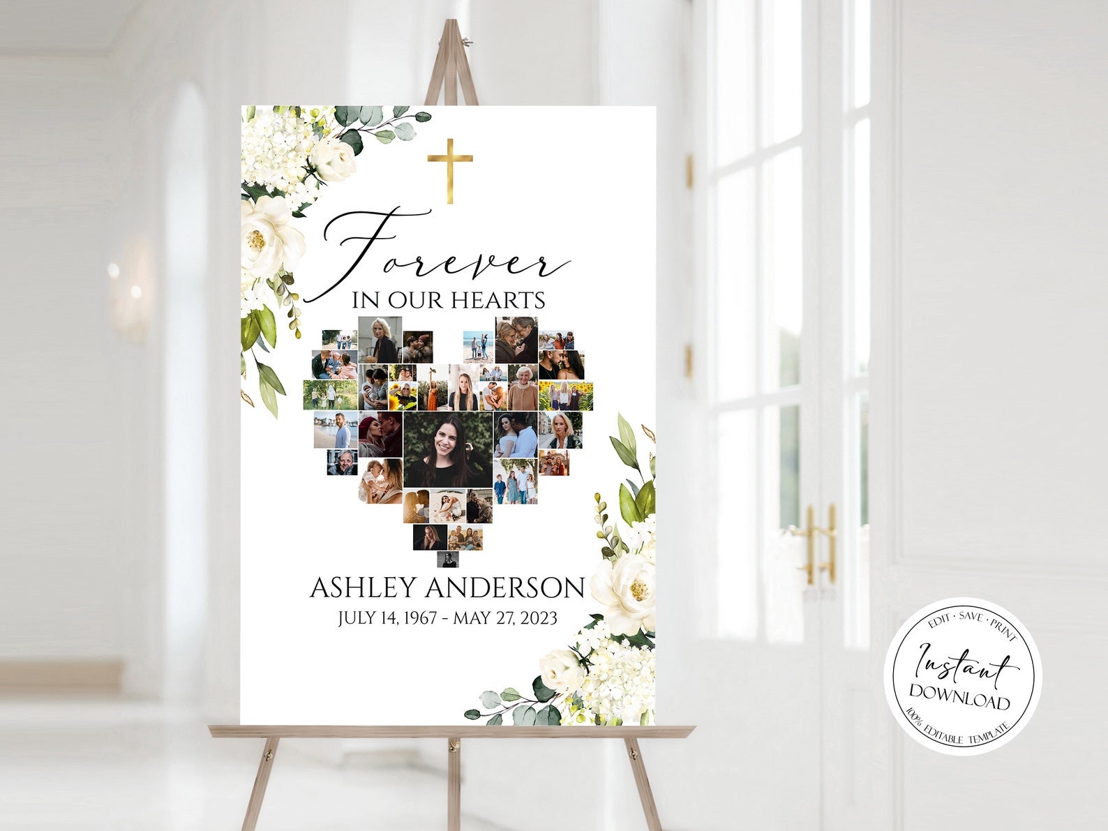 Celebration of Life Heart Funeral Welcome Sign, Editable White Greenery ...
