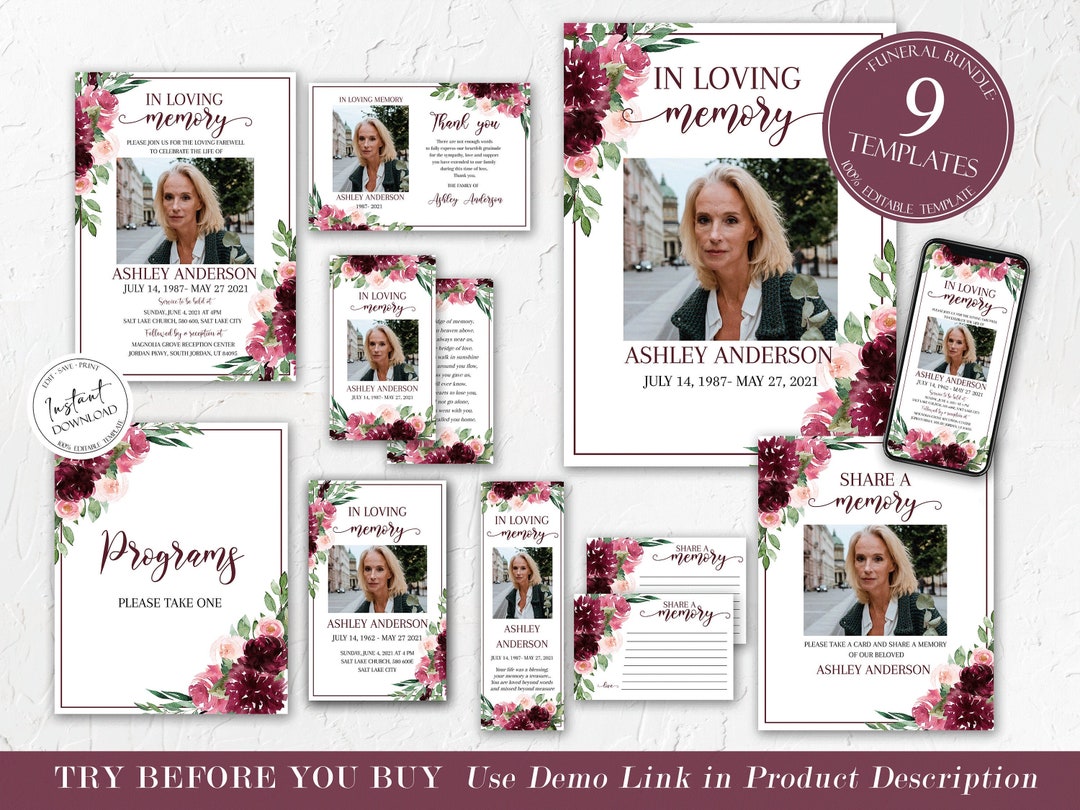 Editable Red Roses Funeral Bundle, Red Memorial Package, Celebration of ...