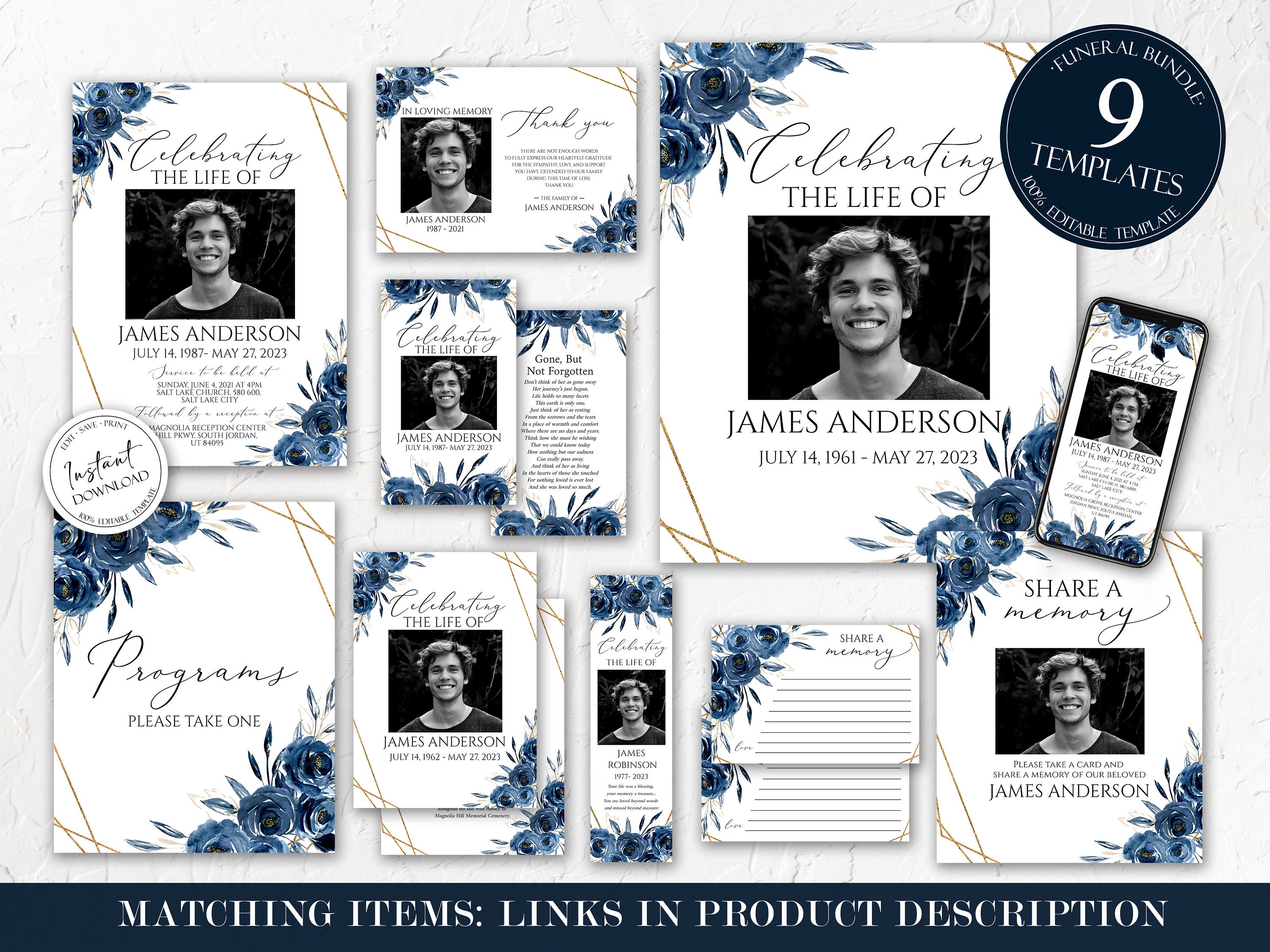 Celebration of Life Royal Blue Floral Funeral Invitation, Funeral ...