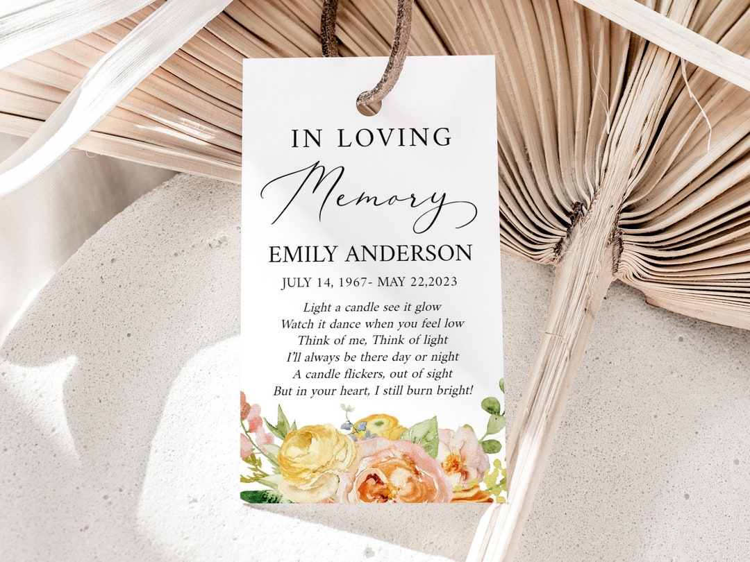Yellow Floral Funeral Favor Tag Template Floral Memorial Candle Favor ...