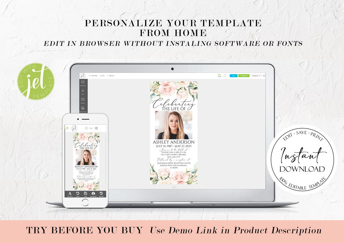 Digital Funeral Invitation Blush Funeral Announcement | Etsy