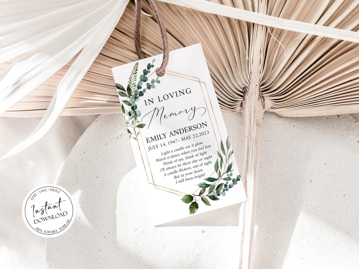 Greenery Gold Funeral Favor Tag Template Memorial Candle Favor Tag ...