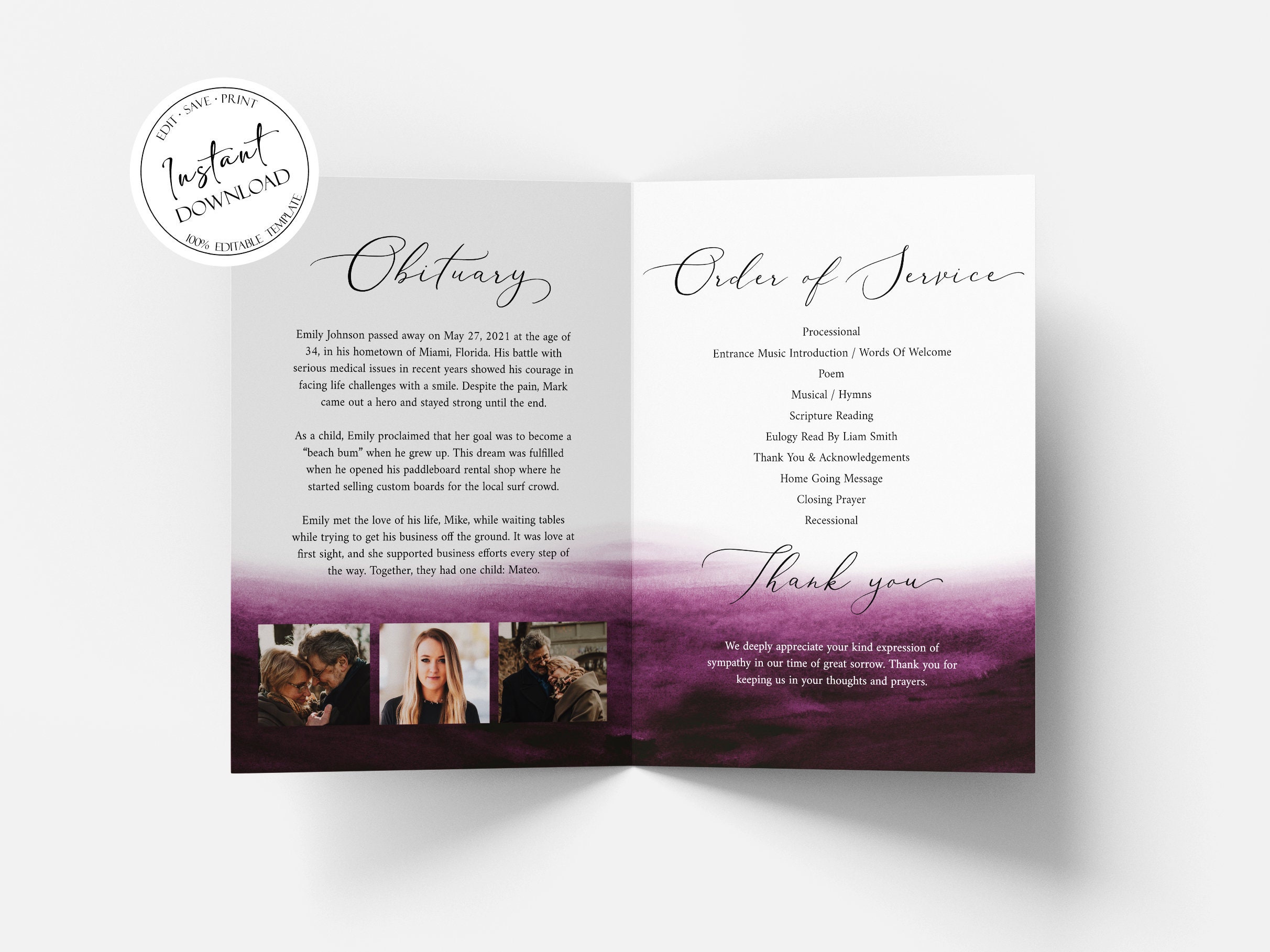 Celebration of Life Funeral Program Purple Watercolor Funeral - Etsy