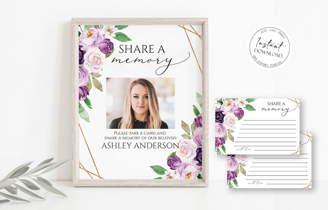 Share a Memory Funeral Sign, Share a Memory Card, Purple Funeral Memory ...