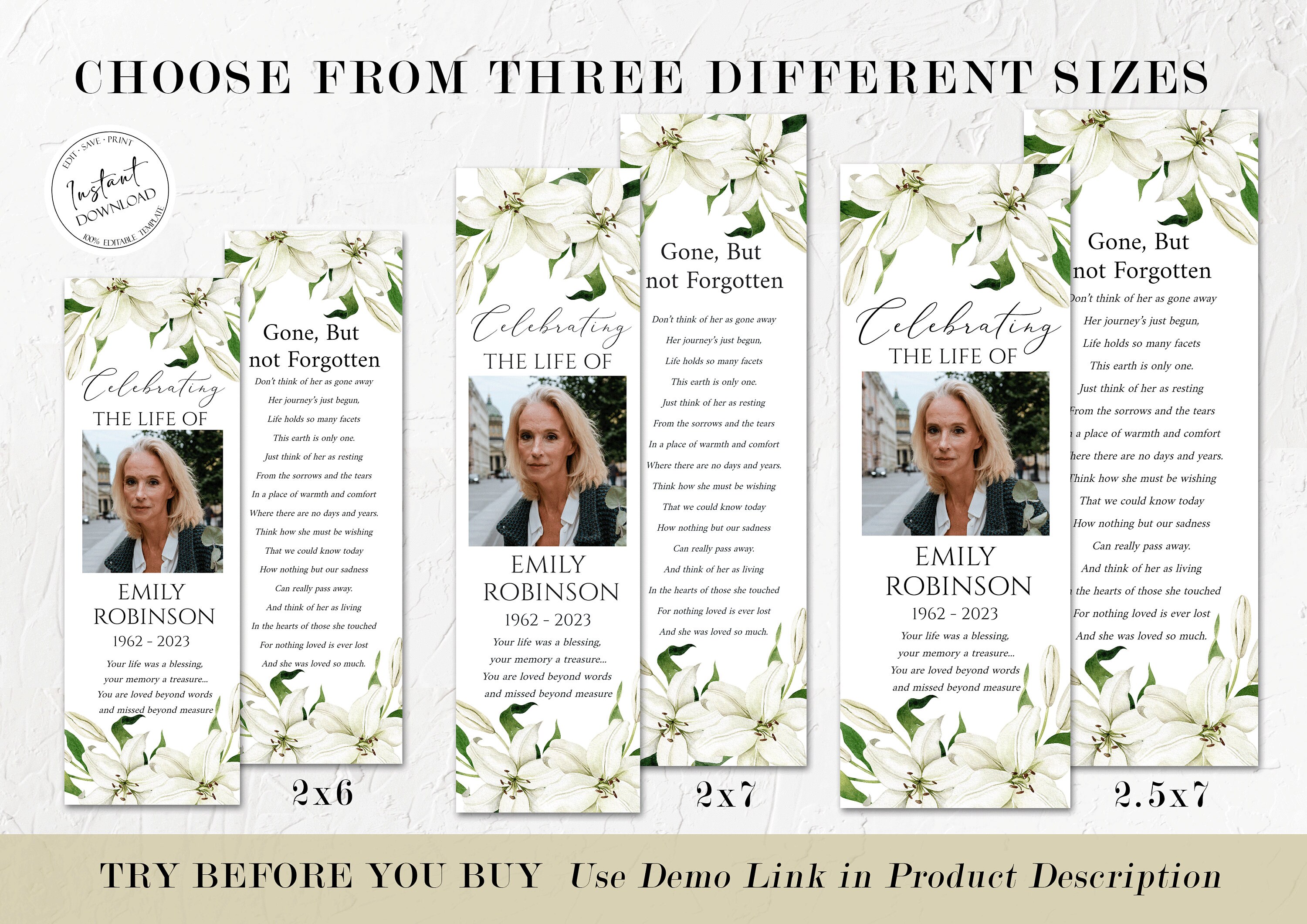 White Lilies Funeral Bookmark Template Celebration of Life - Etsy
