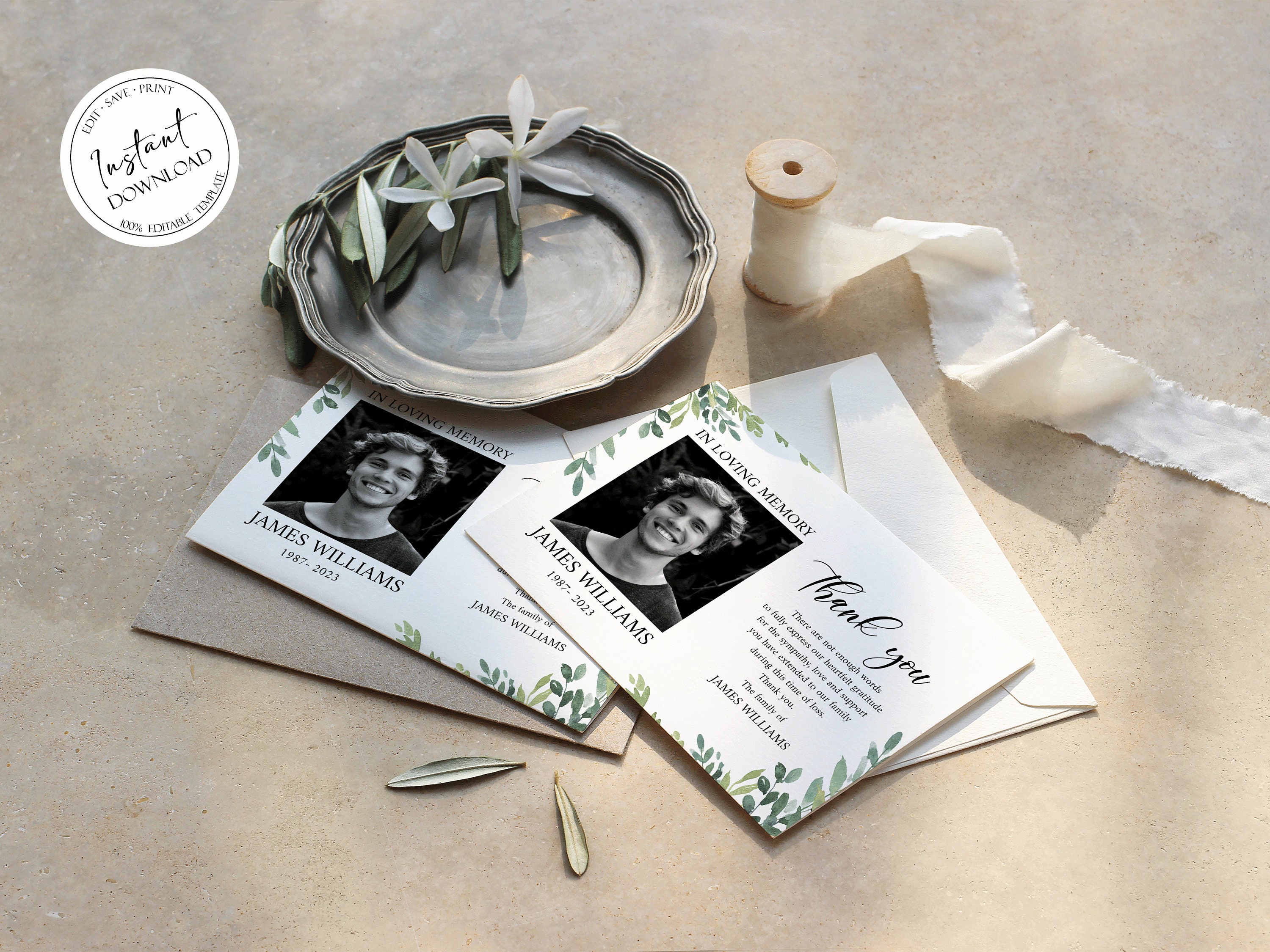 Greenery Funeral Thank You Card, Celebration of Life Funeral Photo ...