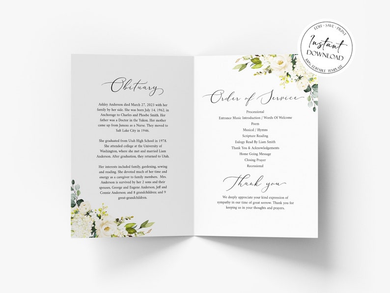 Celebration of Life Funeral Program, White Greenery Floral Funeral ...