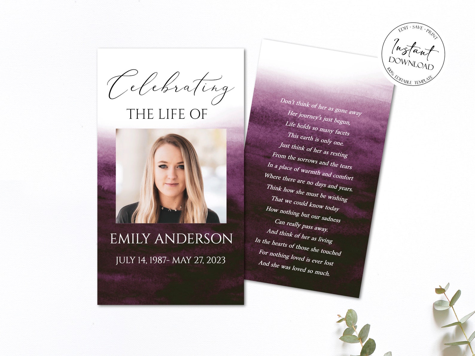 Editable Purple Watercolor Funeral Prayer Card, Printable Memorial ...