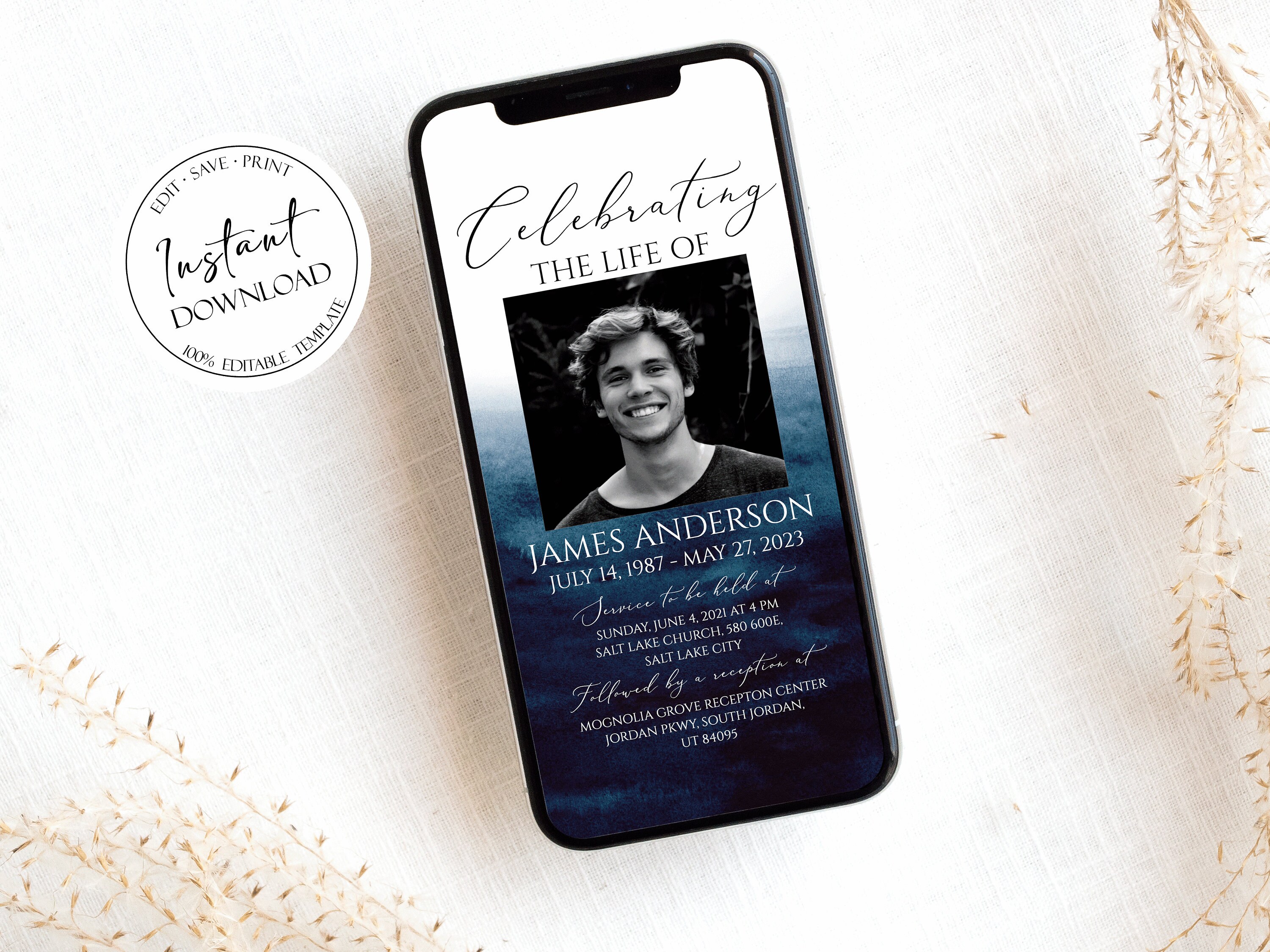 Blue Watercolor Digital Funeral Invitation Electronic Funeral - Etsy
