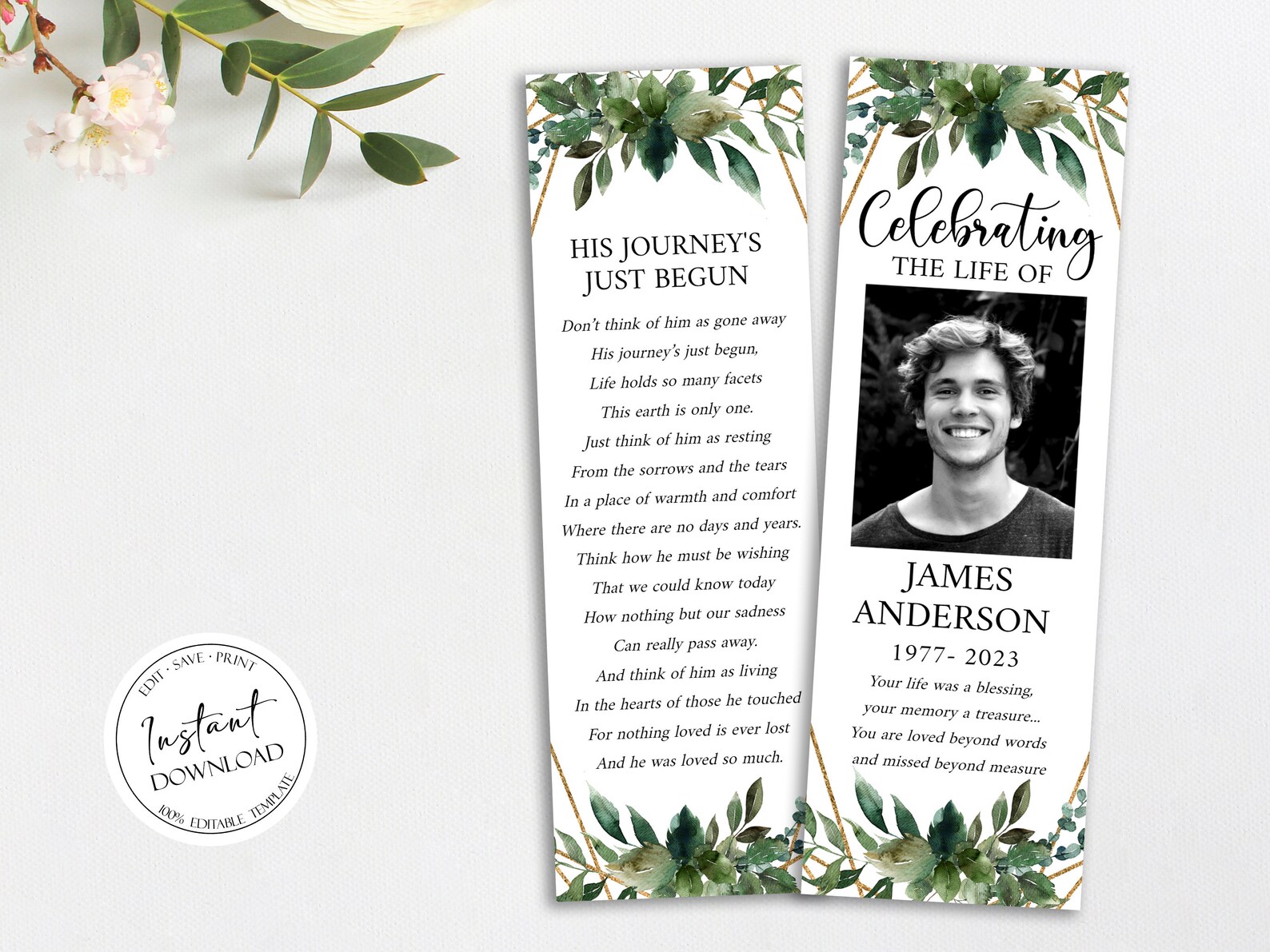 Greenery Gold Funeral Bookmark Template, Celebration of Life Bookmark ...