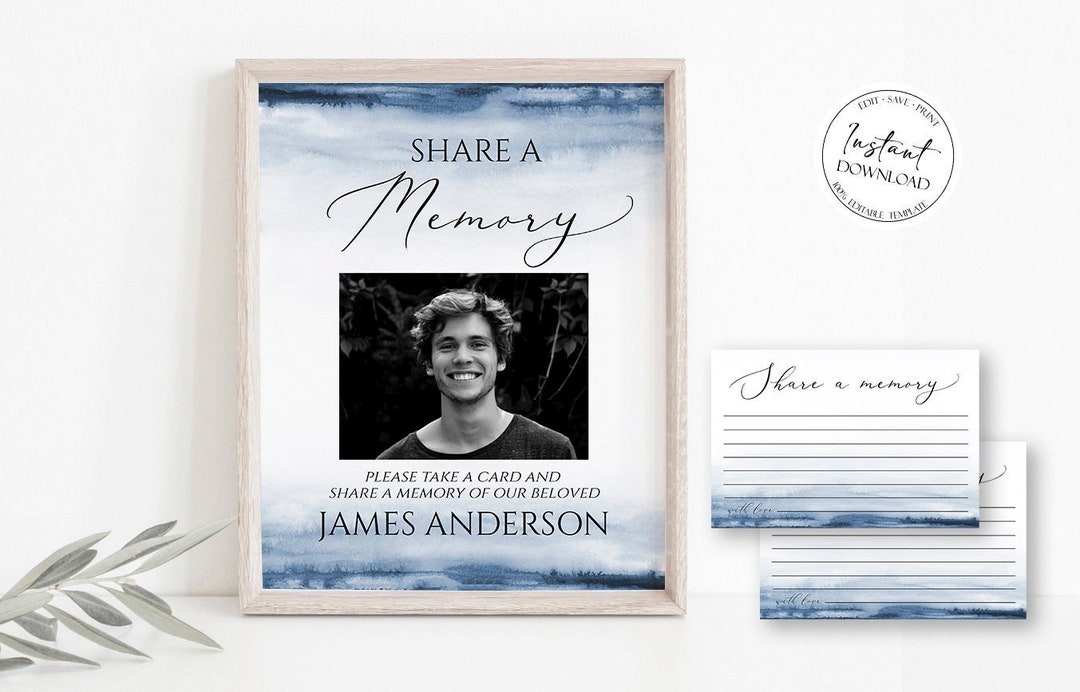 Blue Watercolor Share a Memory Funeral Sign Share a Memory Card ...