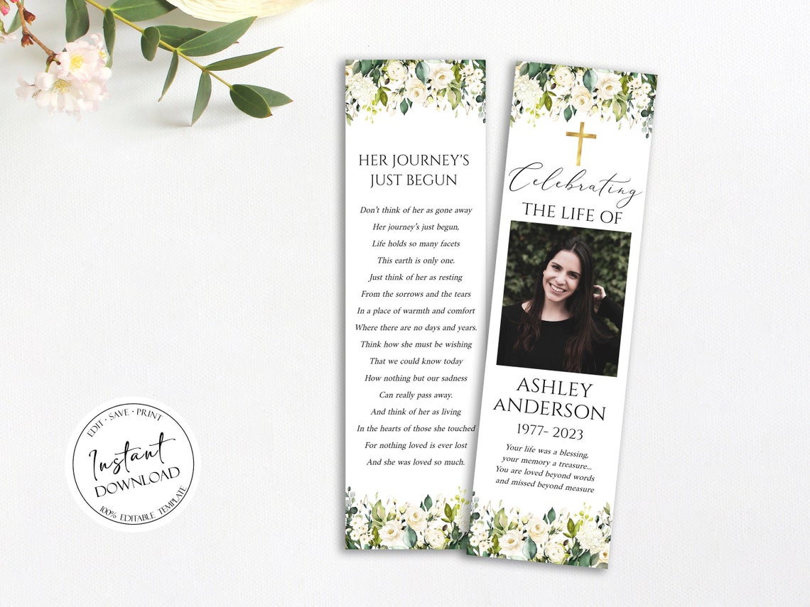 White Greenery Funeral Bookmark Obituary Bookmark Gold Cross - Etsy