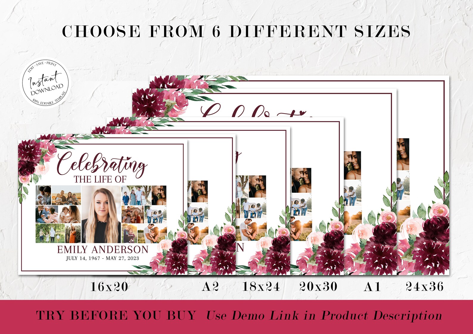 Celebration of Life Multiple Photos Funeral Welcome Sign, Editable Red ...