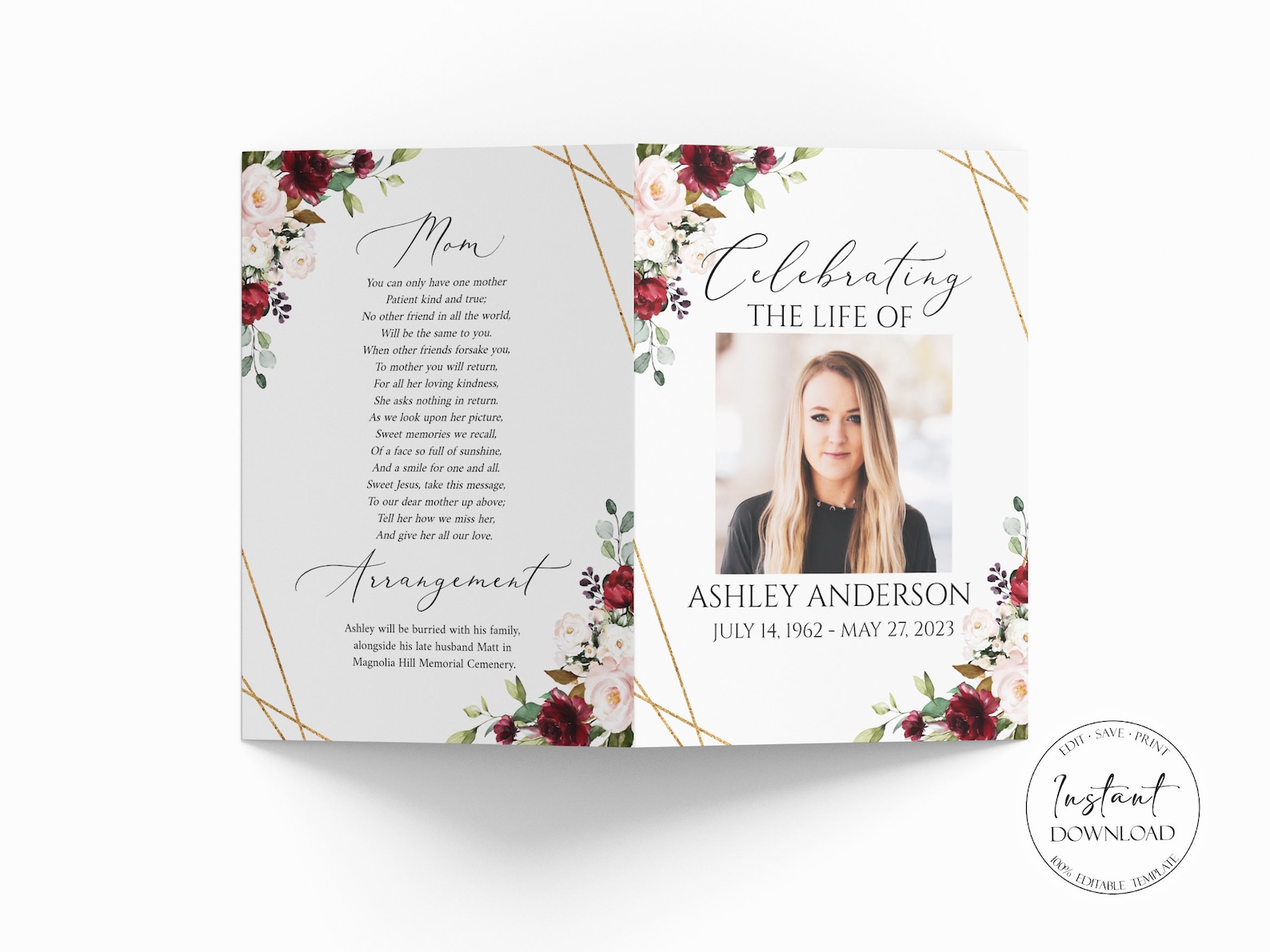 Celebration of Life Funeral Program, Red Roses Funeral Program Template ...