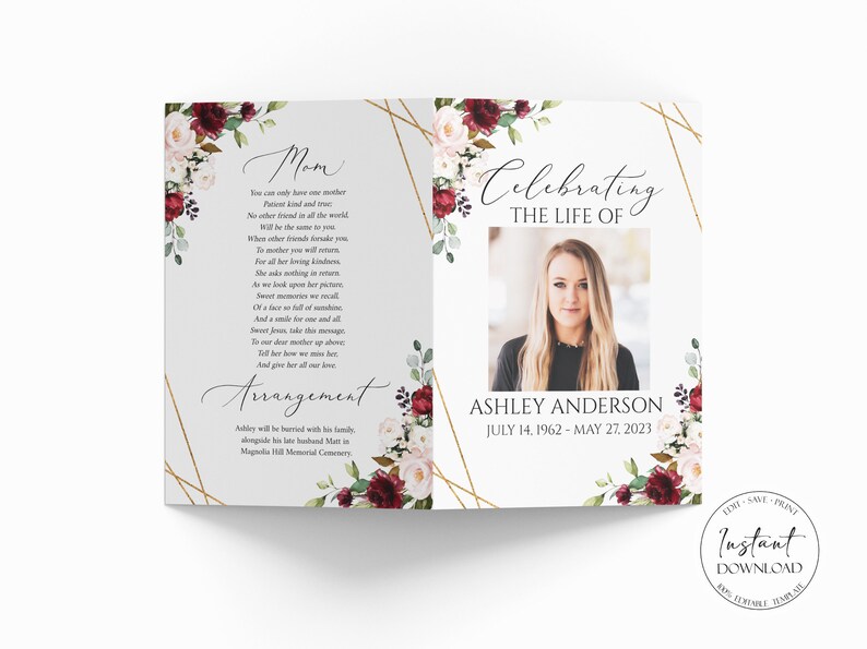 Red Roses 8 Page Funeral Program Template Celebration of Life - Etsy