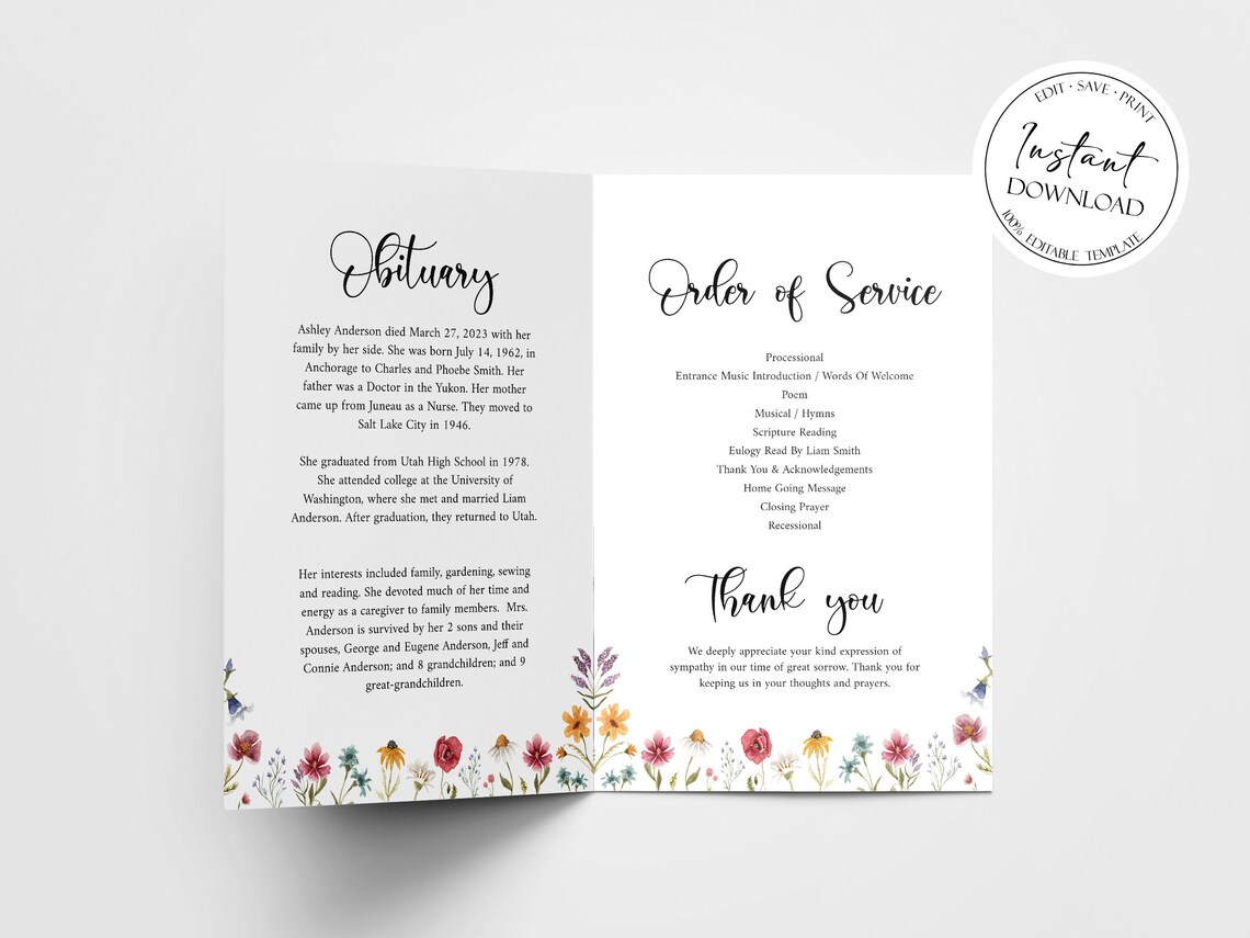 Celebration of Life Funeral Program, Wildflower Funeral Program ...