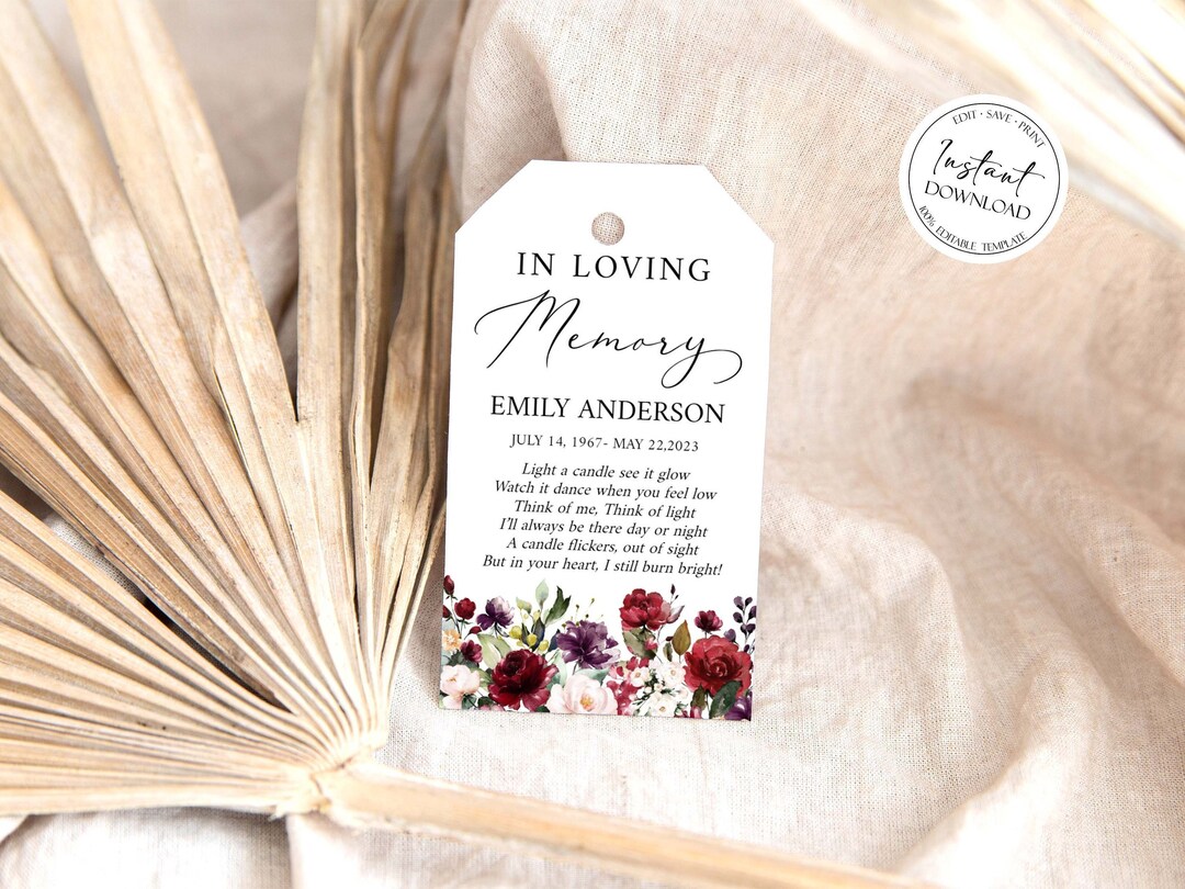 Red Roses Funeral Favor Tag Template, Memorial Candle Favor Tag, Red ...