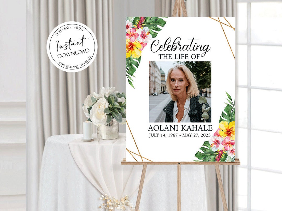 Celebration of Life Tropical Funeral Welcome Sign Template, Editable ...