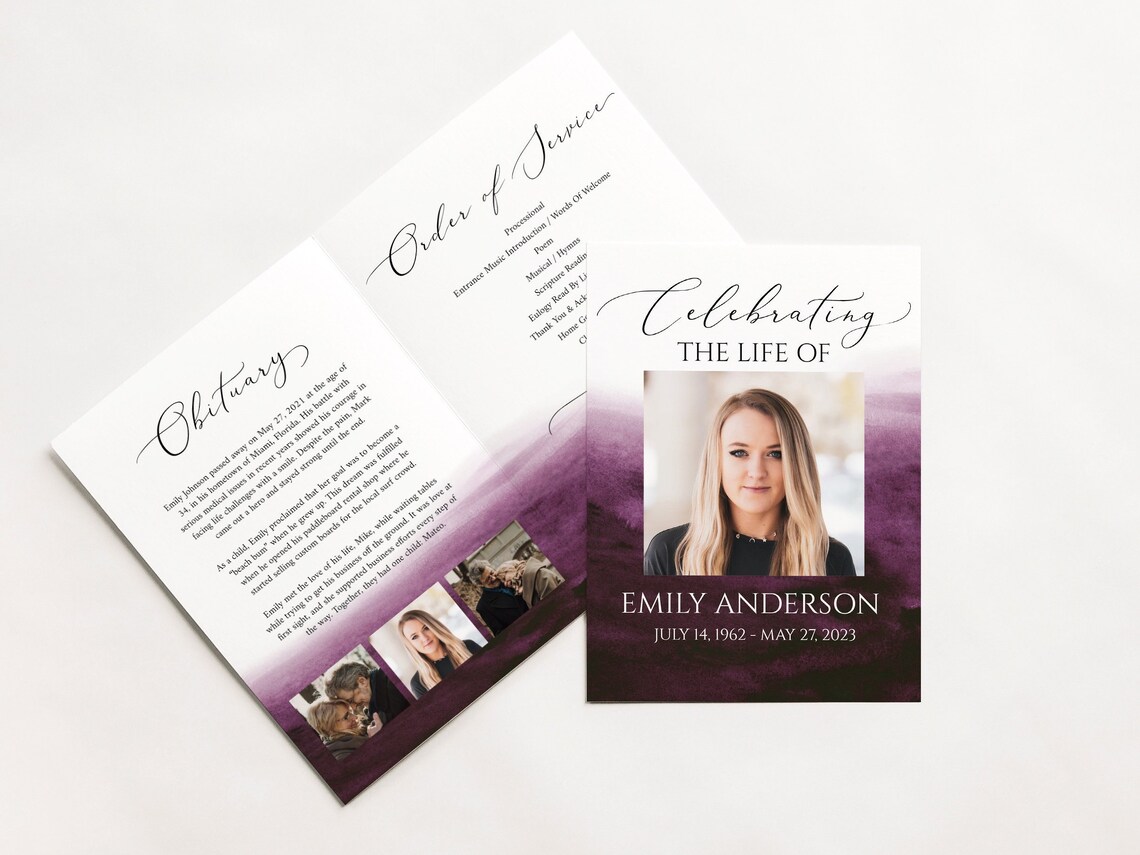 Celebration of Life Funeral Program, Purple Watercolor Funeral Program ...
