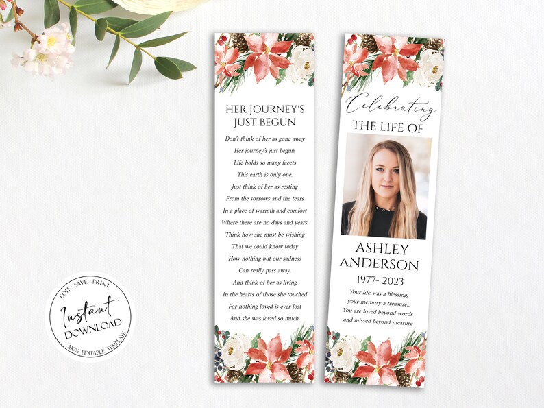 Christmas Funeral Bookmark Template, Celebration of Life Bookmark ...