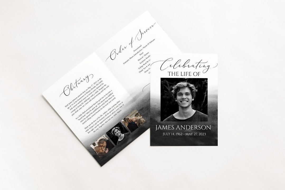 Celebration of Life Black Funeral Program, Black Watercolor Funeral ...