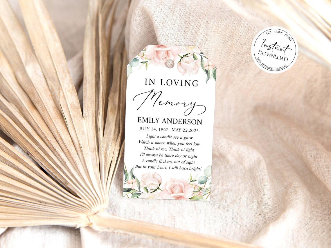 Celebration of Life Blush Pink Funeral Favor Tag Template | Etsy