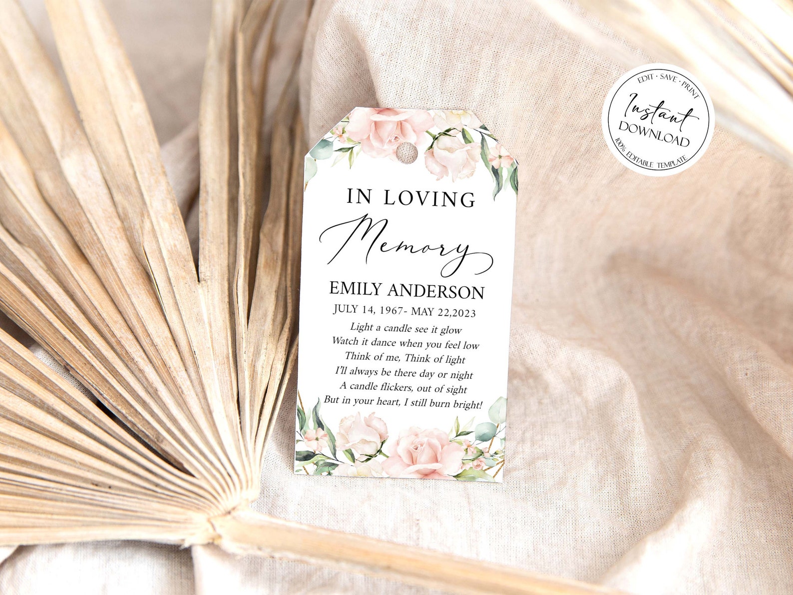 Celebration of Life Blush Pink Funeral Favor Tag Template | Etsy