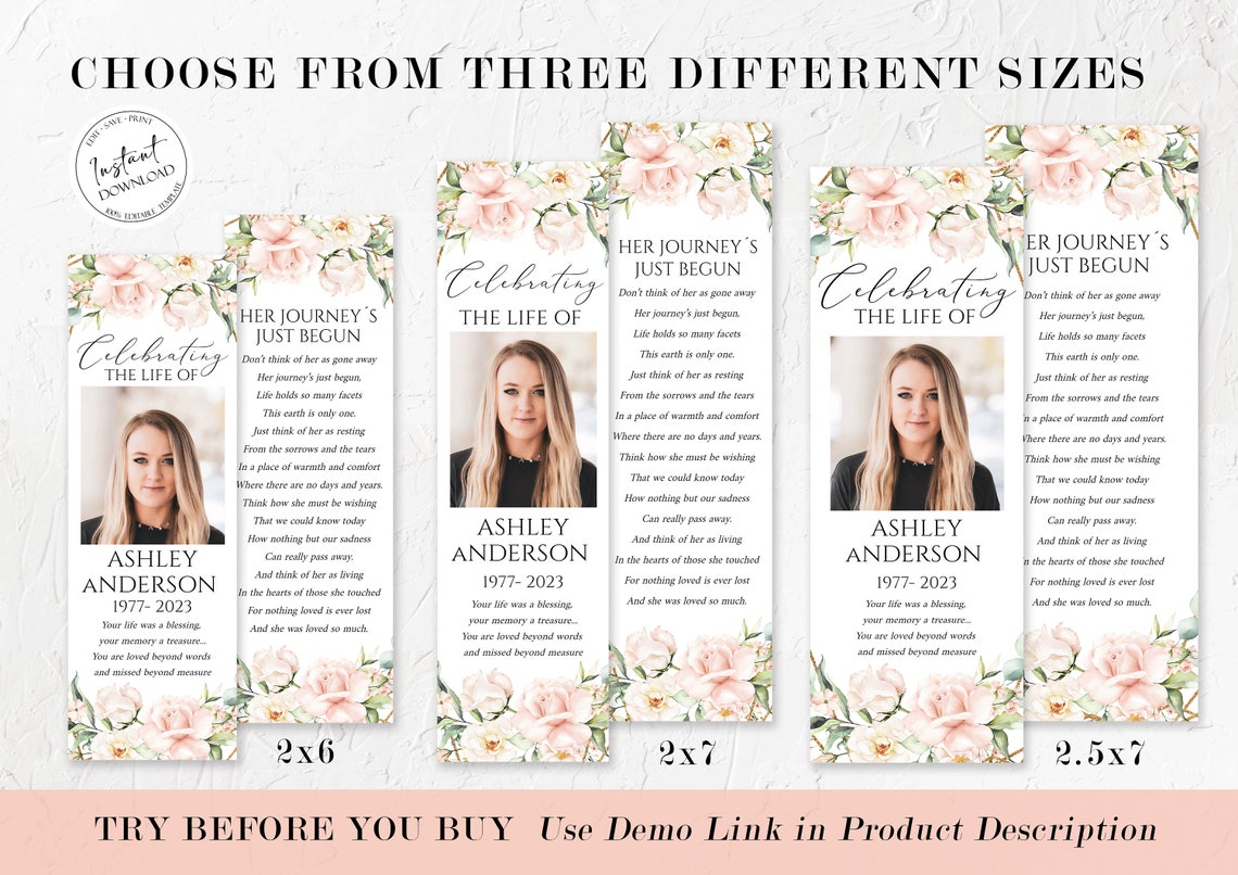 Pink Roses Funeral Bookmark Template Blush Funeral Bookmark - Etsy