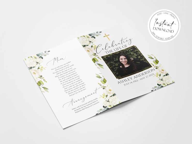 Celebration of Life Funeral Program, White Greenery Floral Funeral ...