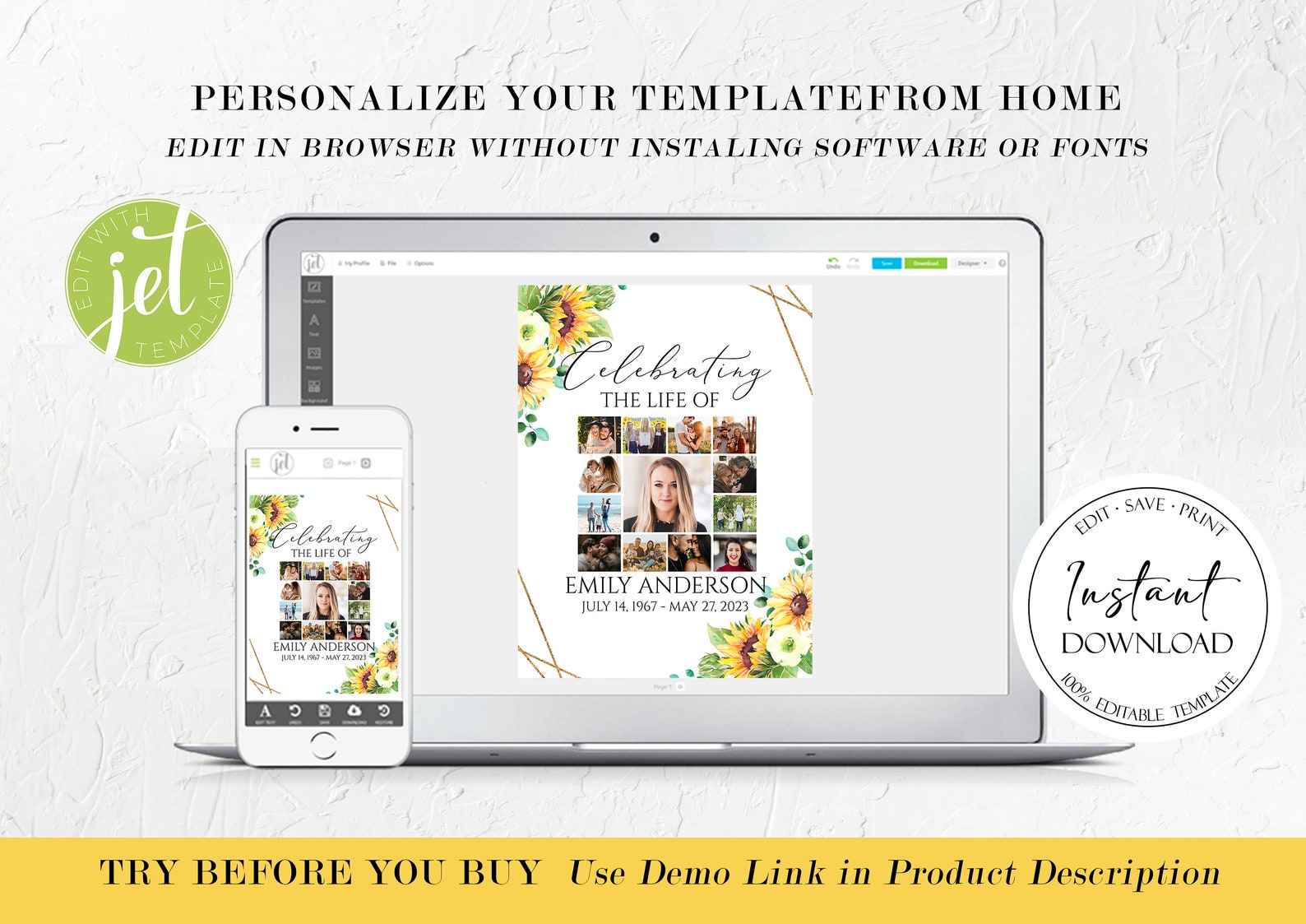 Celebration of Life Photos Collage Funeral Welcome Sign, Sunflower ...