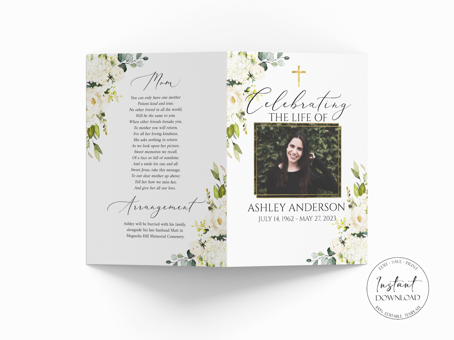 Celebration of Life Funeral Program, White Greenery Floral Funeral ...