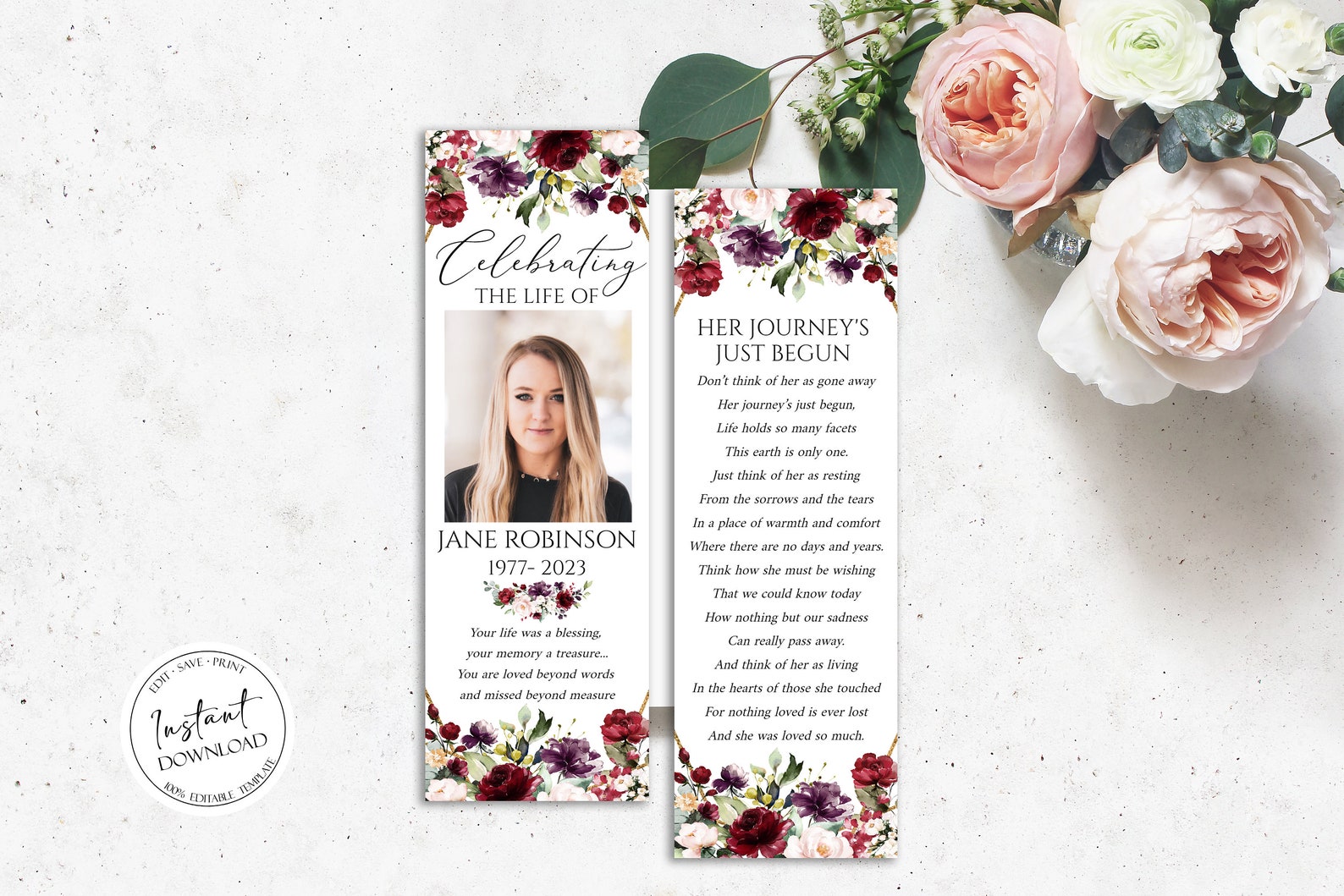 Red Roses Funeral Bookmark Template Red Roses Funeral - Etsy