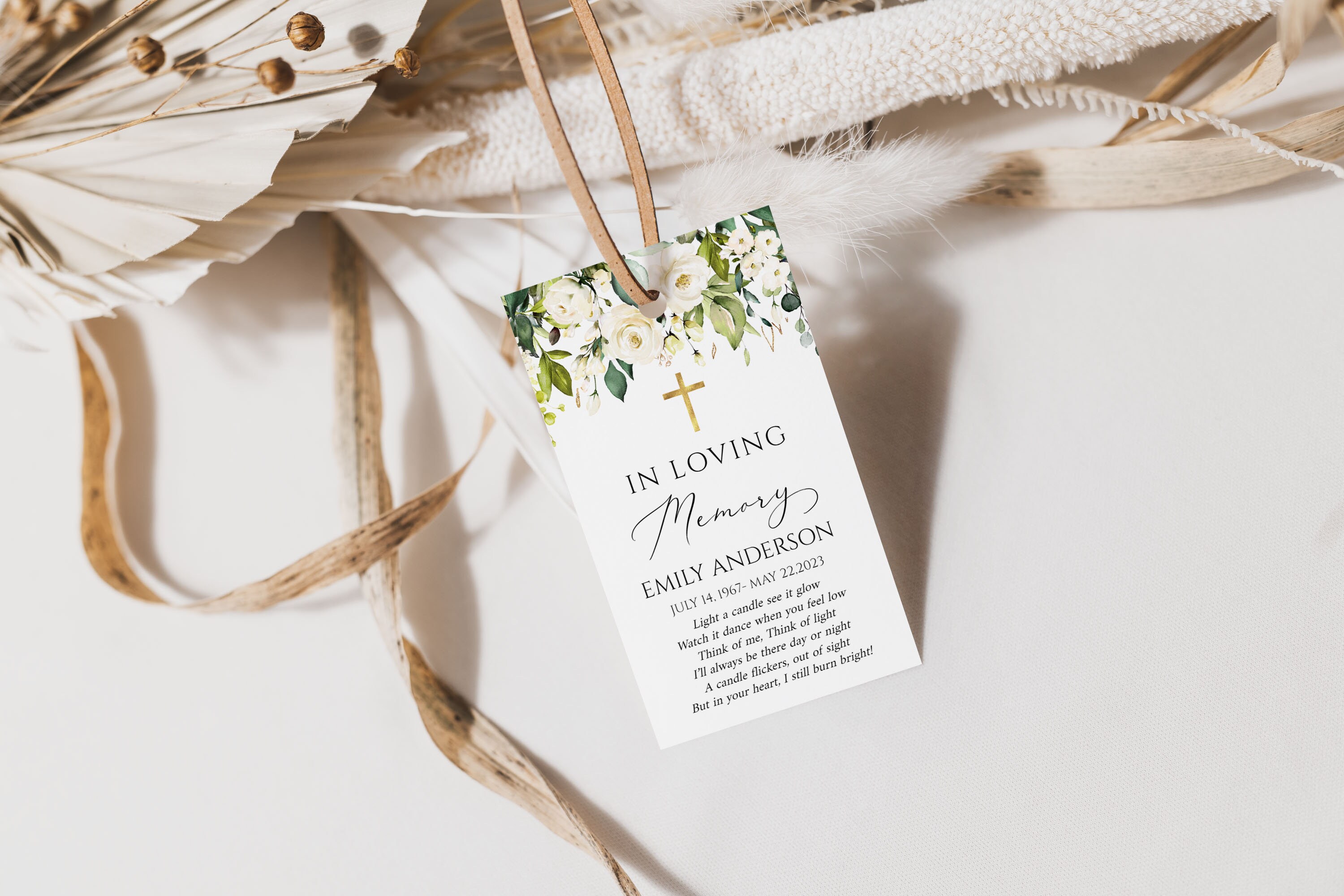 White Greenery Floral Funeral Favor Tag Template, Memorial Candle Favor ...