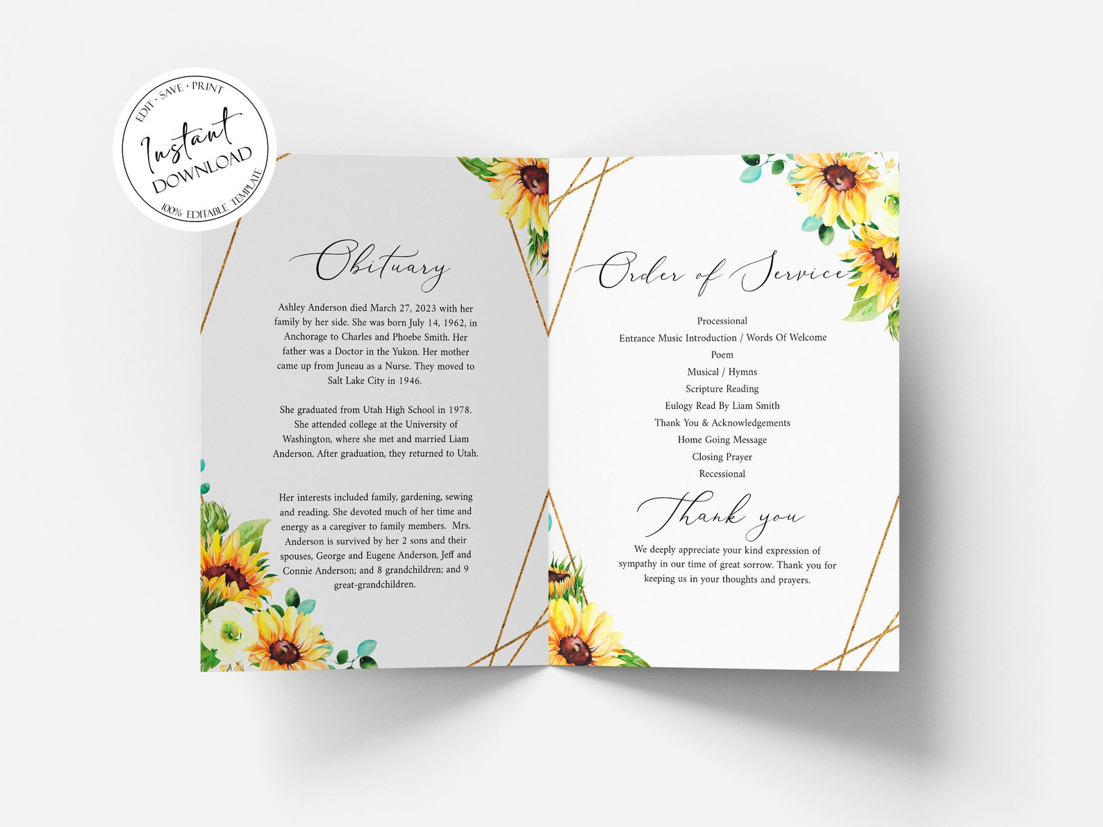 Celebration of Life Funeral Program Sunflower Funeral Program Template ...