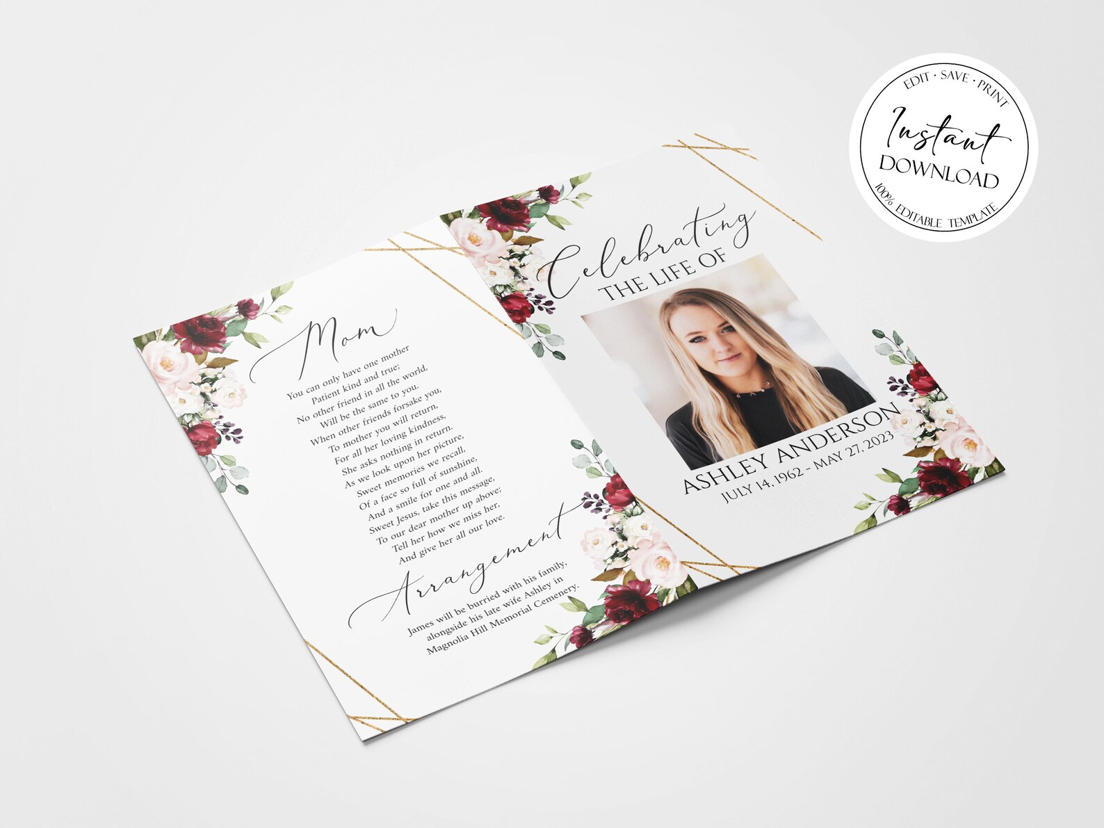Red Roses 8 Page Funeral Program Template Celebration of Life - Etsy