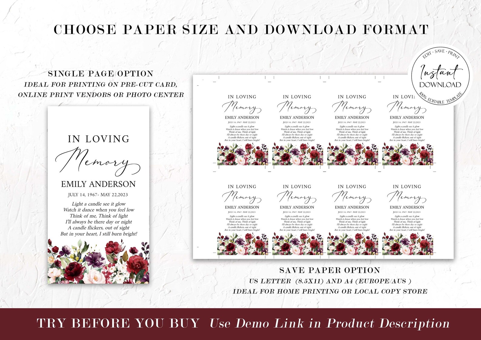 Red Roses Funeral Favor Tag Template, Memorial Candle Favor Tag, Red ...