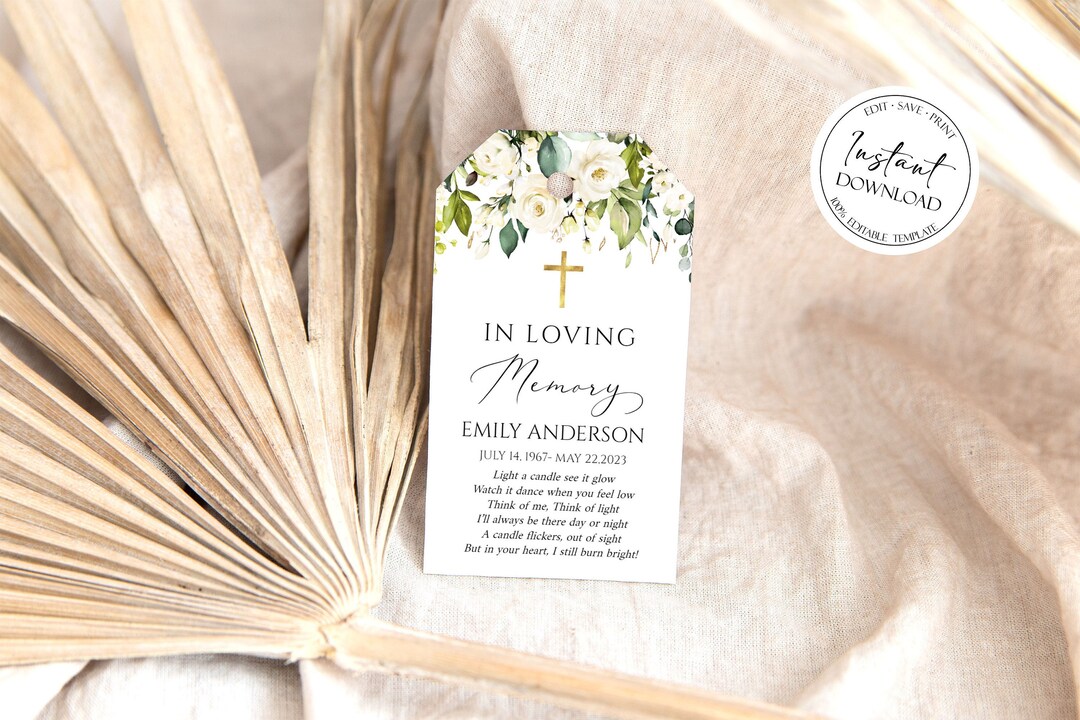White Greenery Floral Funeral Favor Tag Template Memorial - Etsy