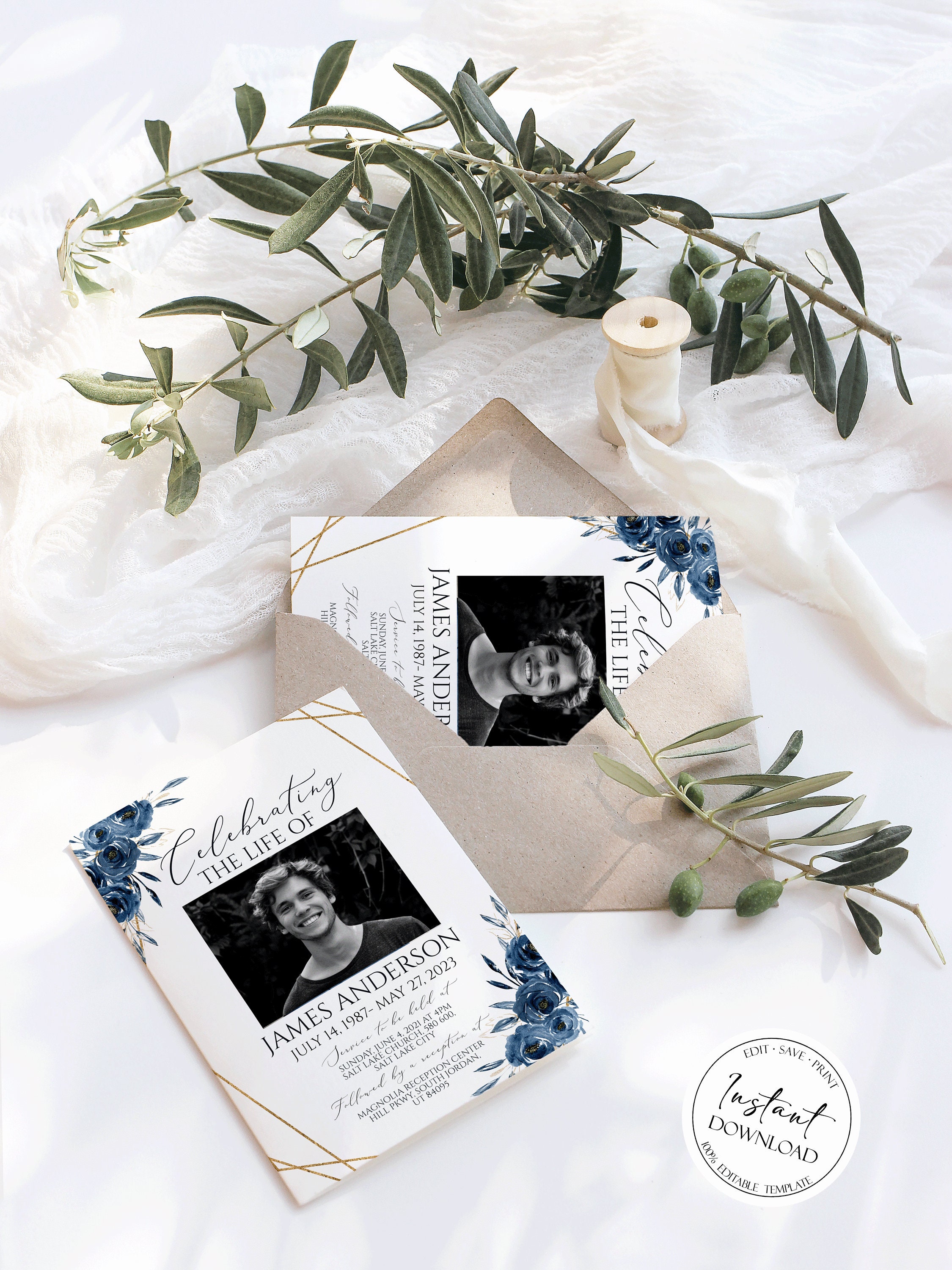 Celebration of Life Royal Blue Floral Funeral Invitation, Funeral ...