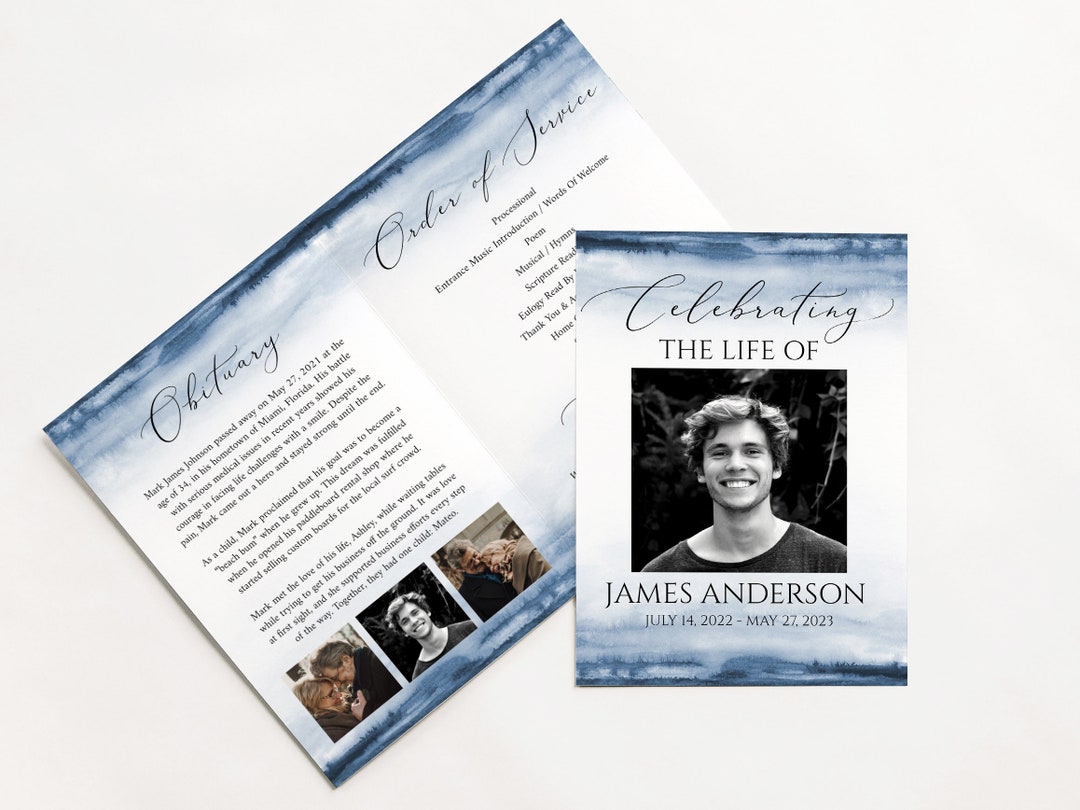 Celebration of Life Blue Watercolor Funeral Program, Memorial Program ...