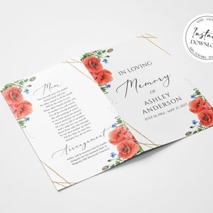 Celebration of Life Funeral Program Template, Red Poppies Funeral ...