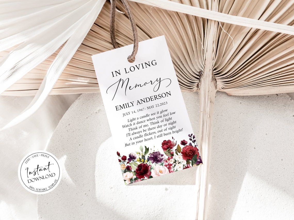 Red Roses Funeral Favor Tag Template Memorial Candle Favor - Etsy