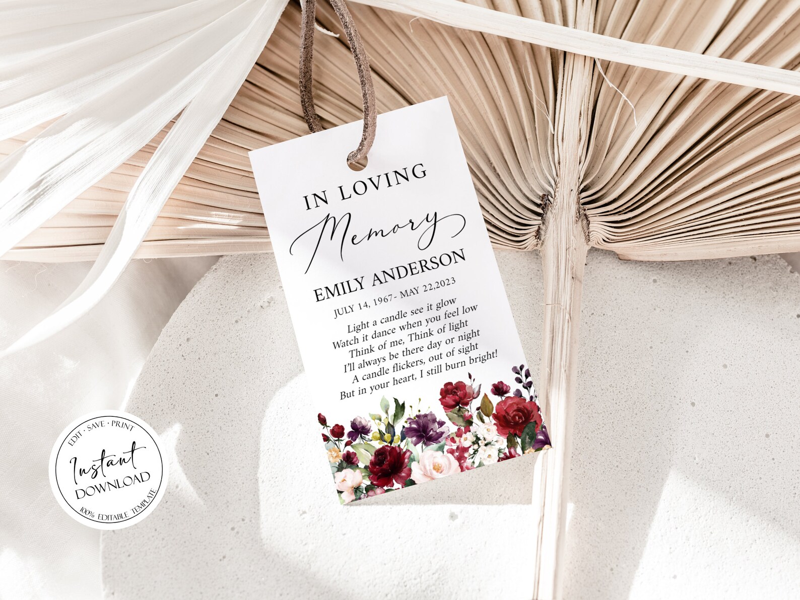 Red Roses Funeral Favor Tag Template, Memorial Candle Favor Tag, Red ...