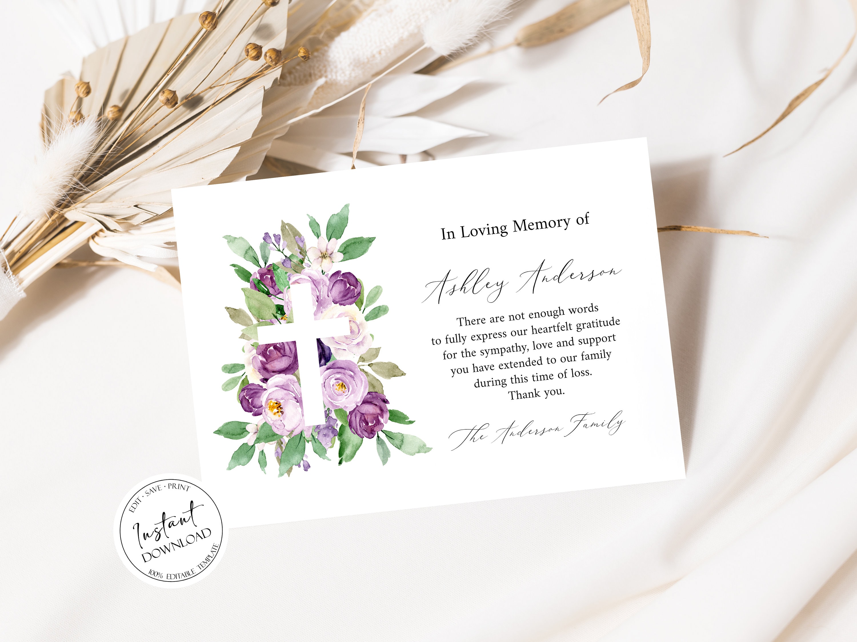 In Loving Memory of Funeral Thank You, Memorial Card, Printable Purple ...